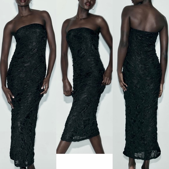 Zara | Dresses | Zara Nwt Structured Textured Lace Black Strapless Tube ...